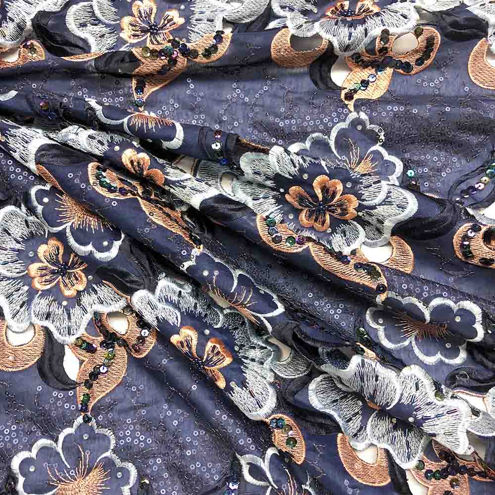 Midnight Blue Floral Embroidery Lace on Organza $11.99/Yard 52/53" Width