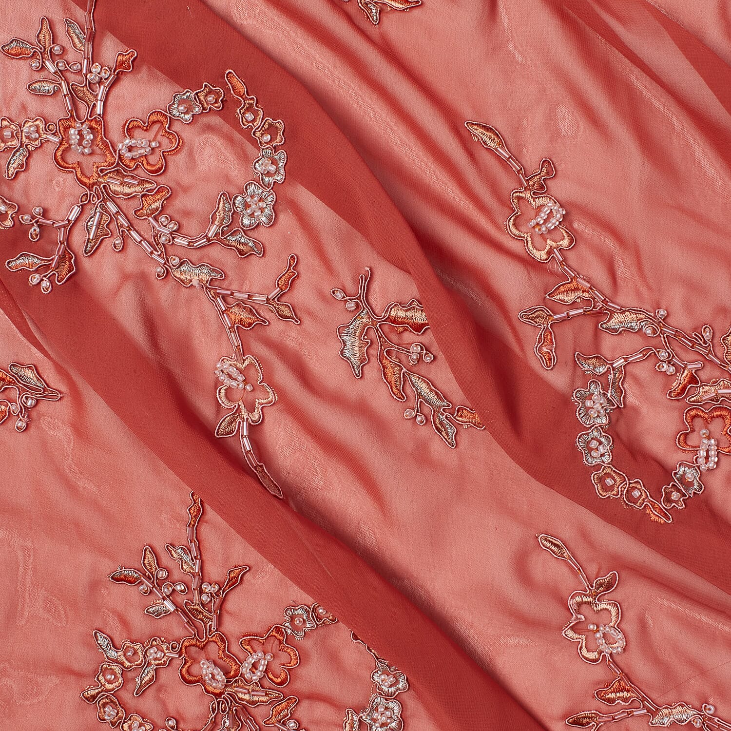 Beaded Floral Embroidery On Chiffon Fabric