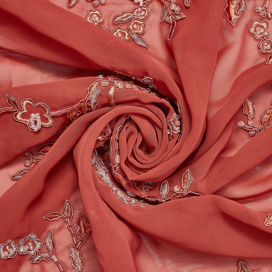 Beaded Floral Embroidery On Chiffon Fabric