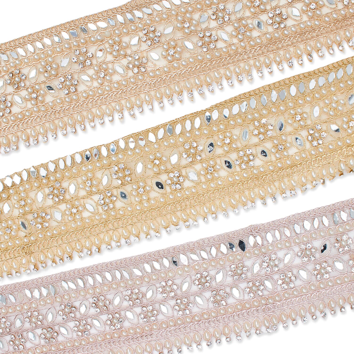 Beaded Rhinestone Floral Mirror Leaf Metallic Cord Lace Trim