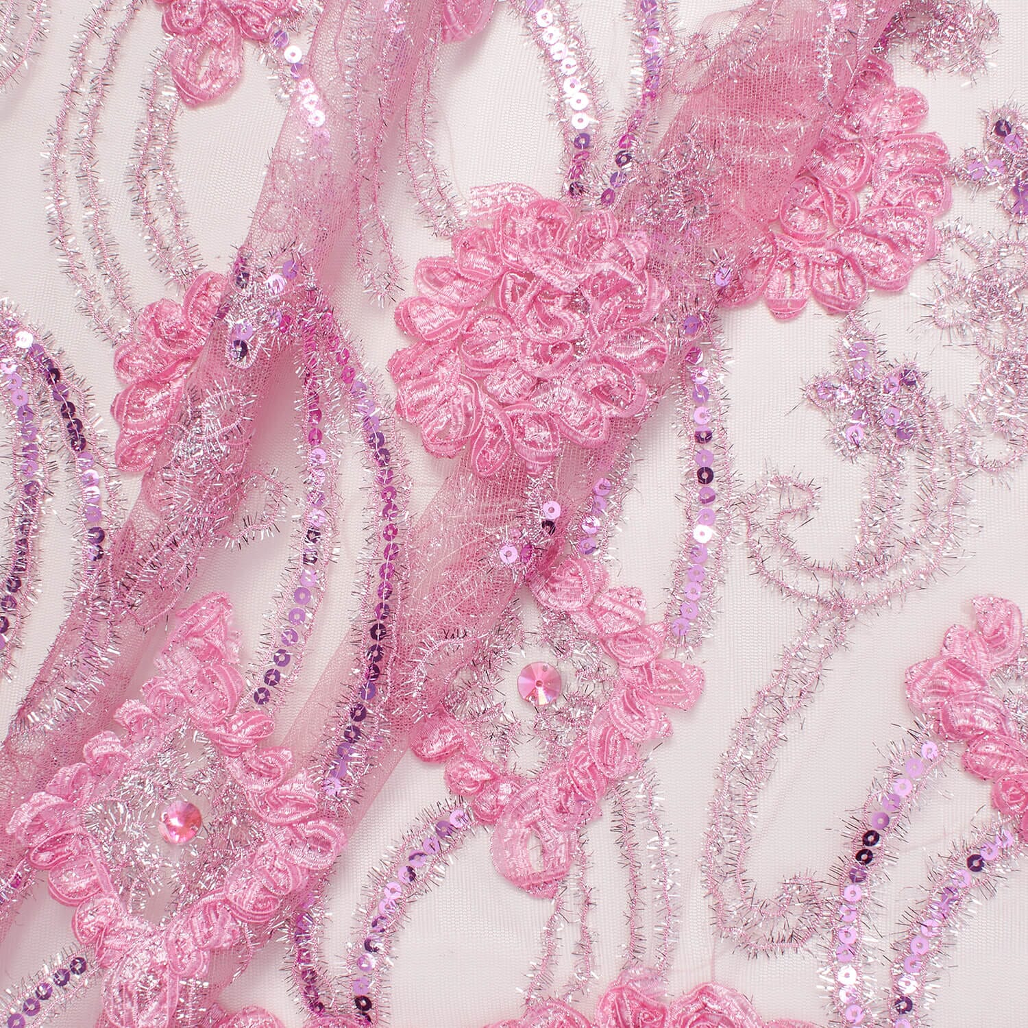 Pink Embroidery Sequin Rosette On Mesh Fabric