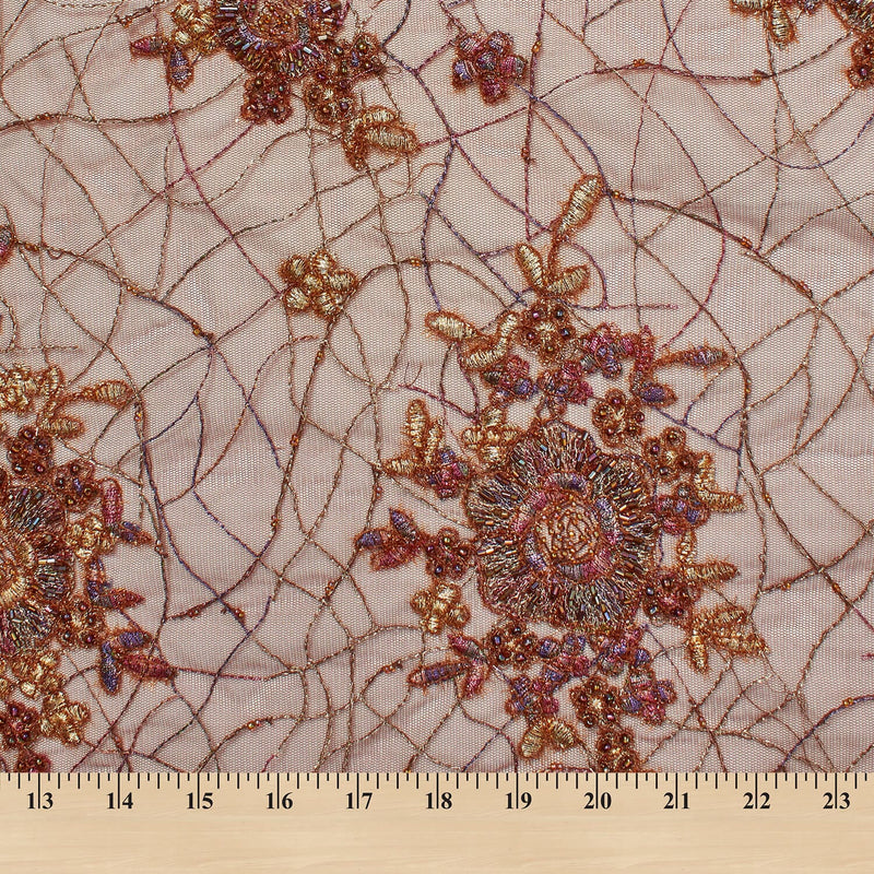 Brown Floral Native Beaded Embroidery on Mesh Fabric 52" Wide ON SALE!