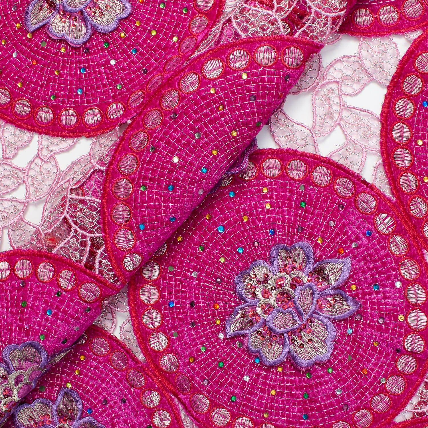 Floral Rhinestone Doily On Chemical Mesh Fabric