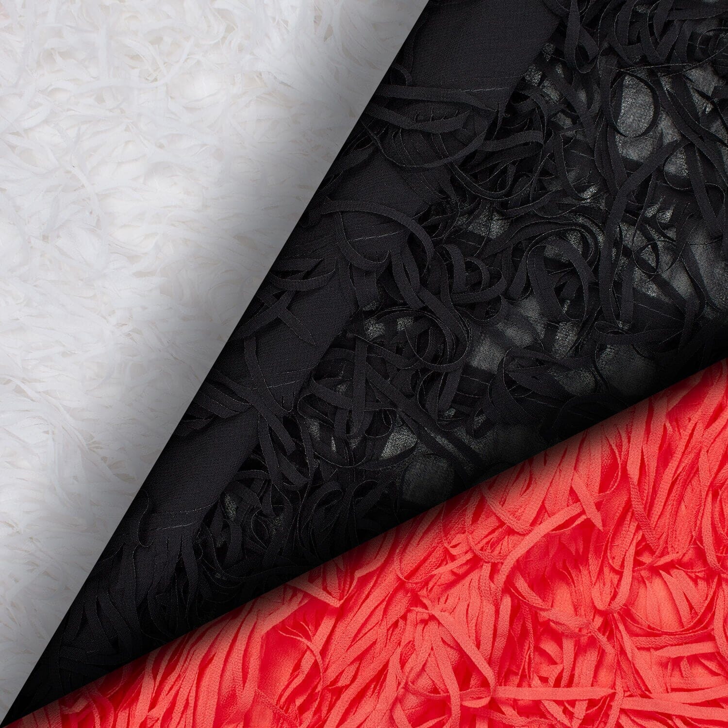 Black Fringe Trim Layers On Poly Chiffon Fabric