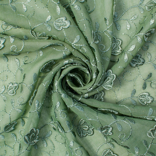 Sage Green Bloom Embroidery Fabric on Mesh $5.99/Yard Sale 50" Wide