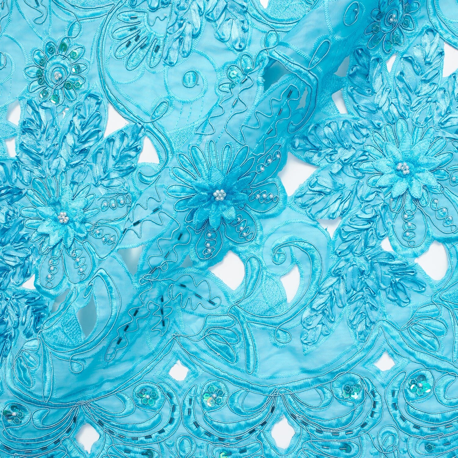 Floral Beaded Embroidery With Sequins And Cording On Organza