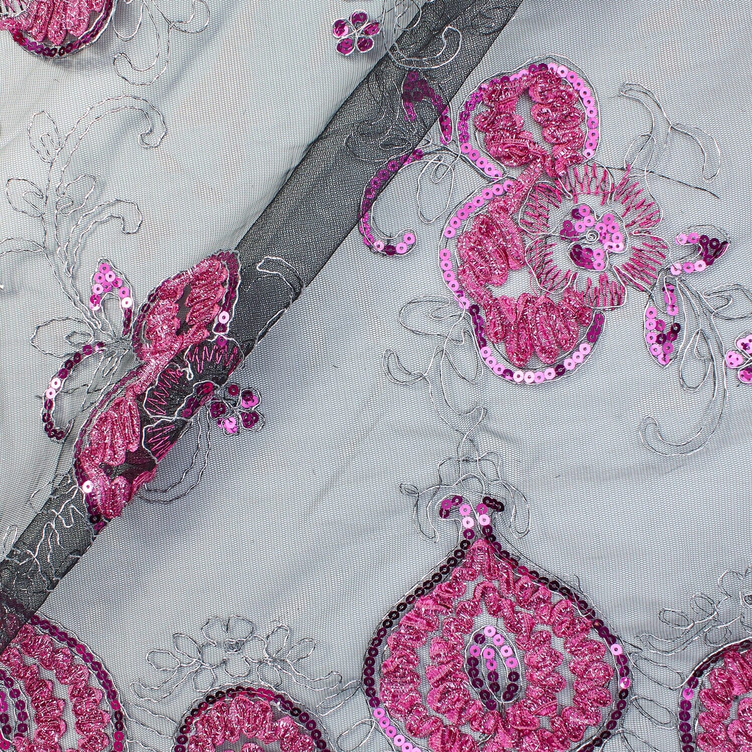 Corded Metallic Ribbon & Sequins On Mesh Fabric