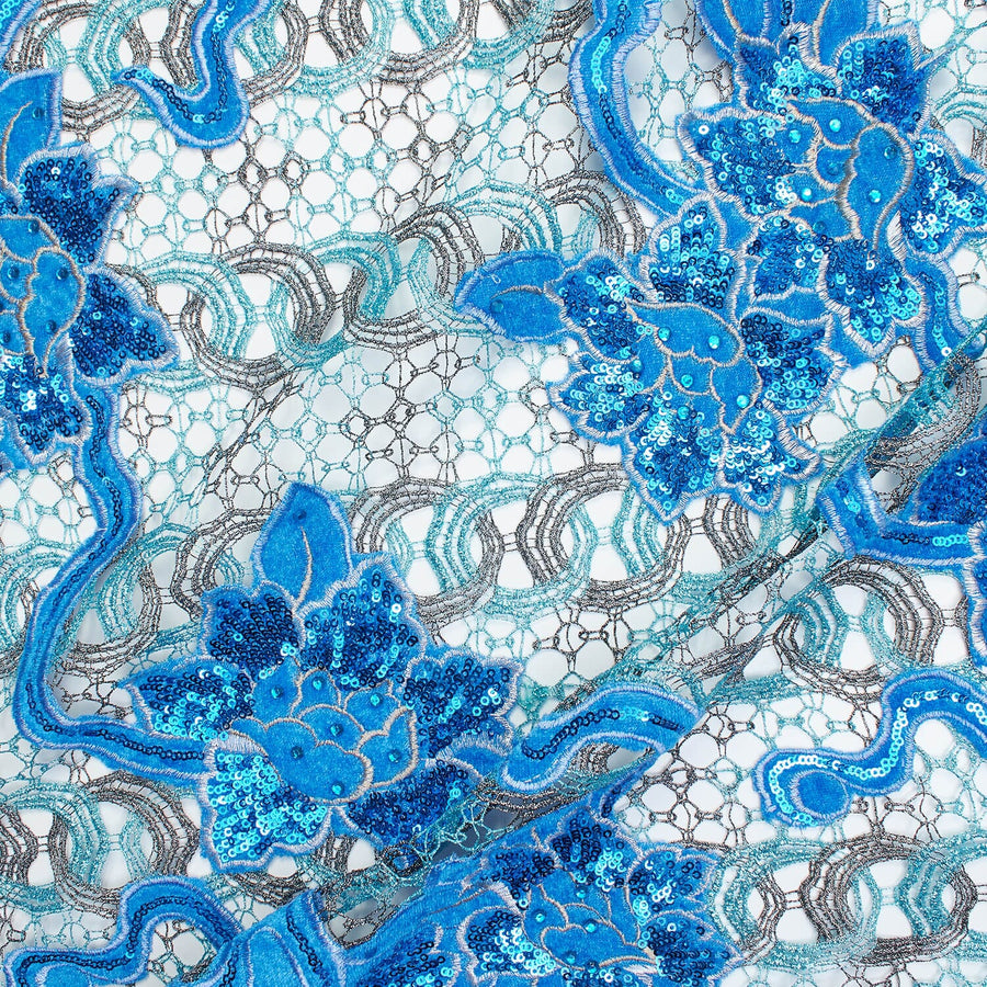 Olive Floral Velvet Chemical Metallic Lace with Sequins & Rhinestones