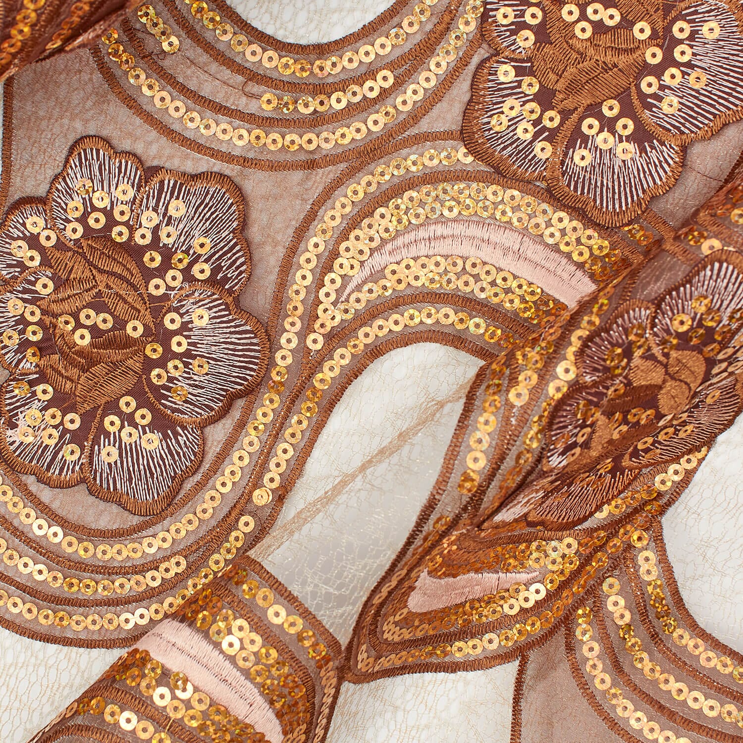 Gardenia Floral Sequin Embroidery On Mesh Fabric