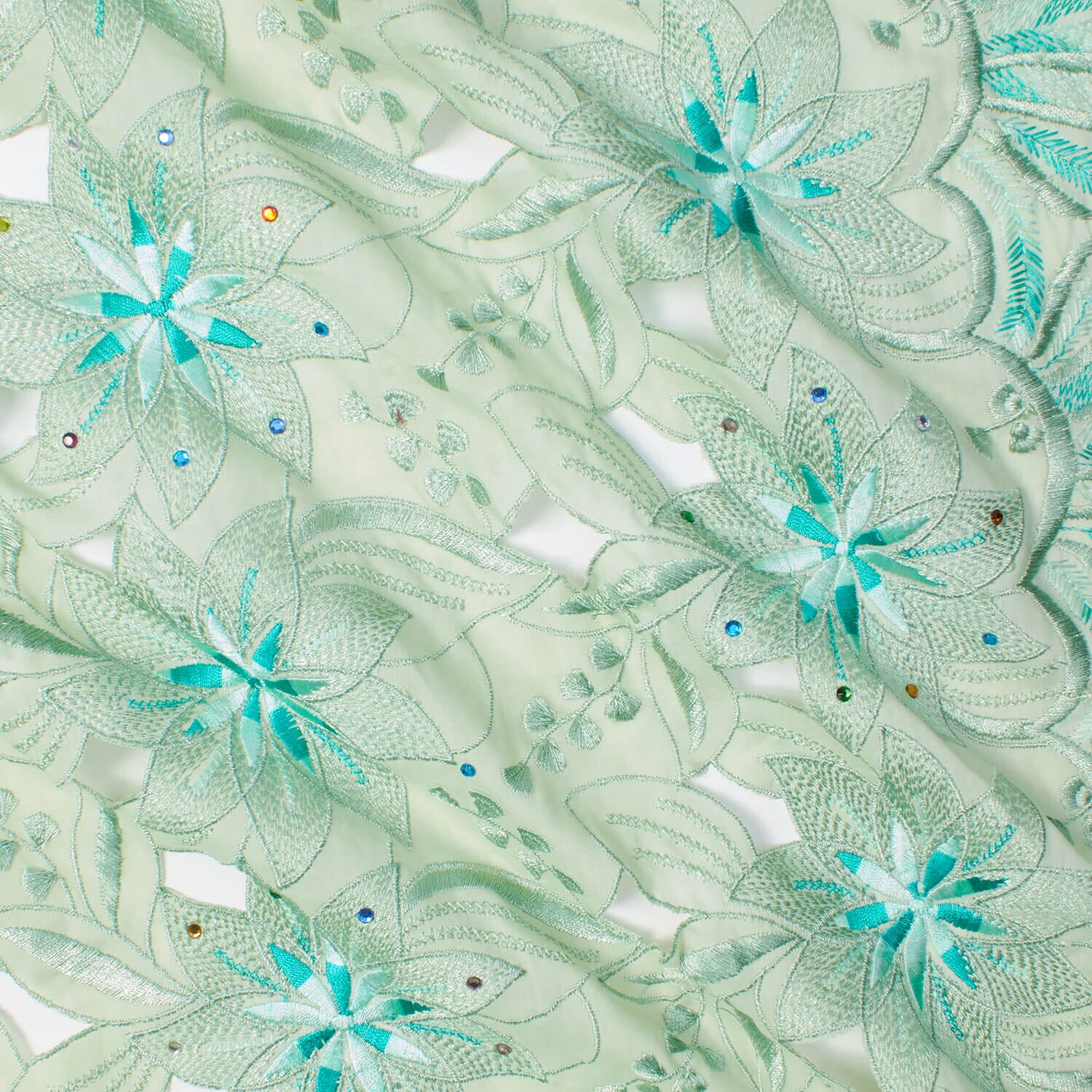Mint Lily Rhinestone Embroidery Lace Fabric