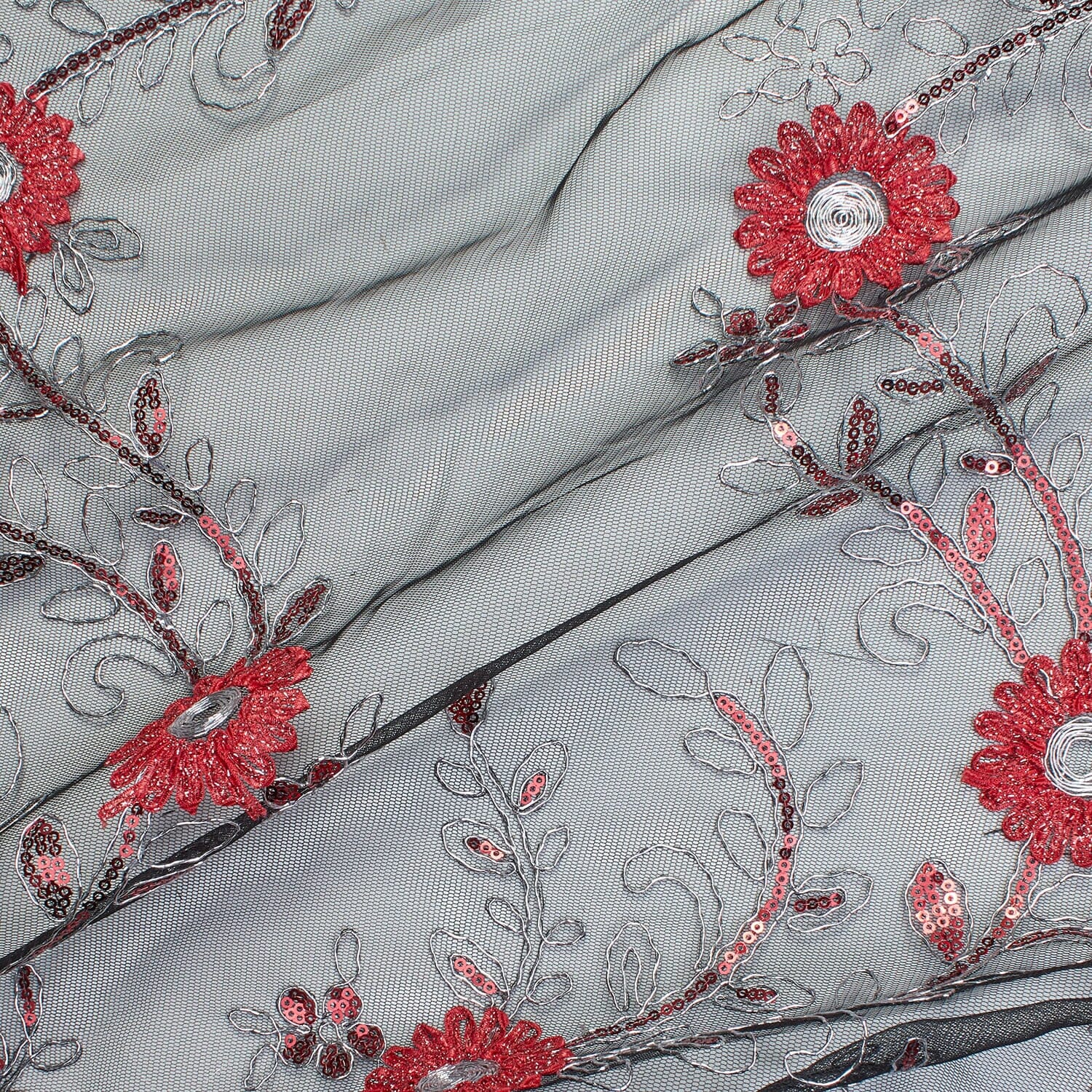 Sunflower Floral Corded Sequined Ribbon On Mesh