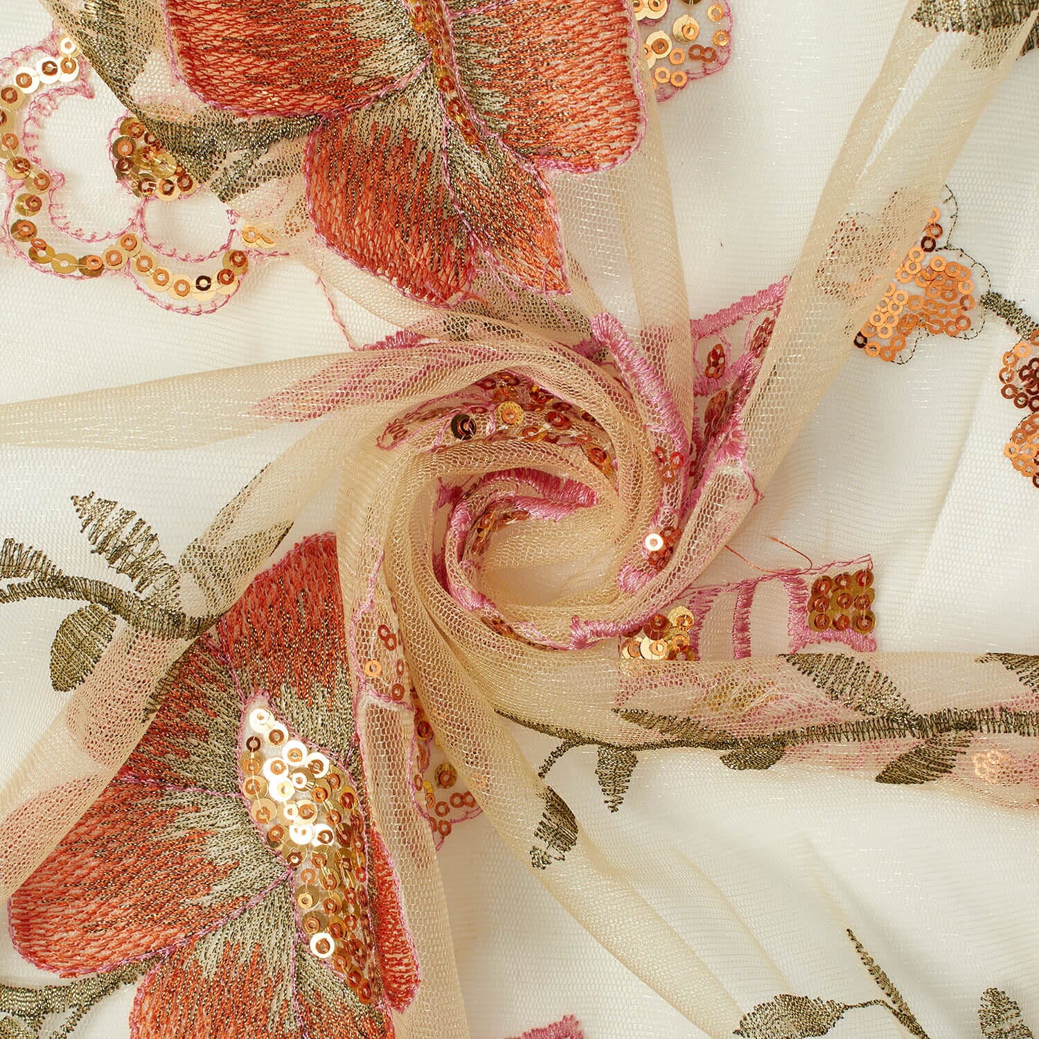 Geometric Floral Embroidery On Mesh Fabric