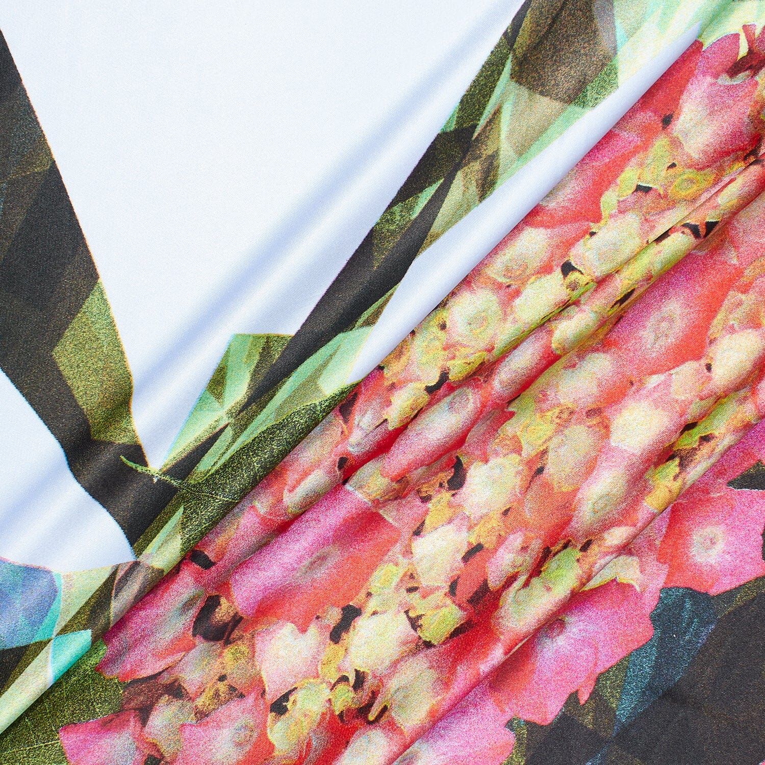 Floral Bloom W/ Abstract Stripes On Printed Satin Fabric