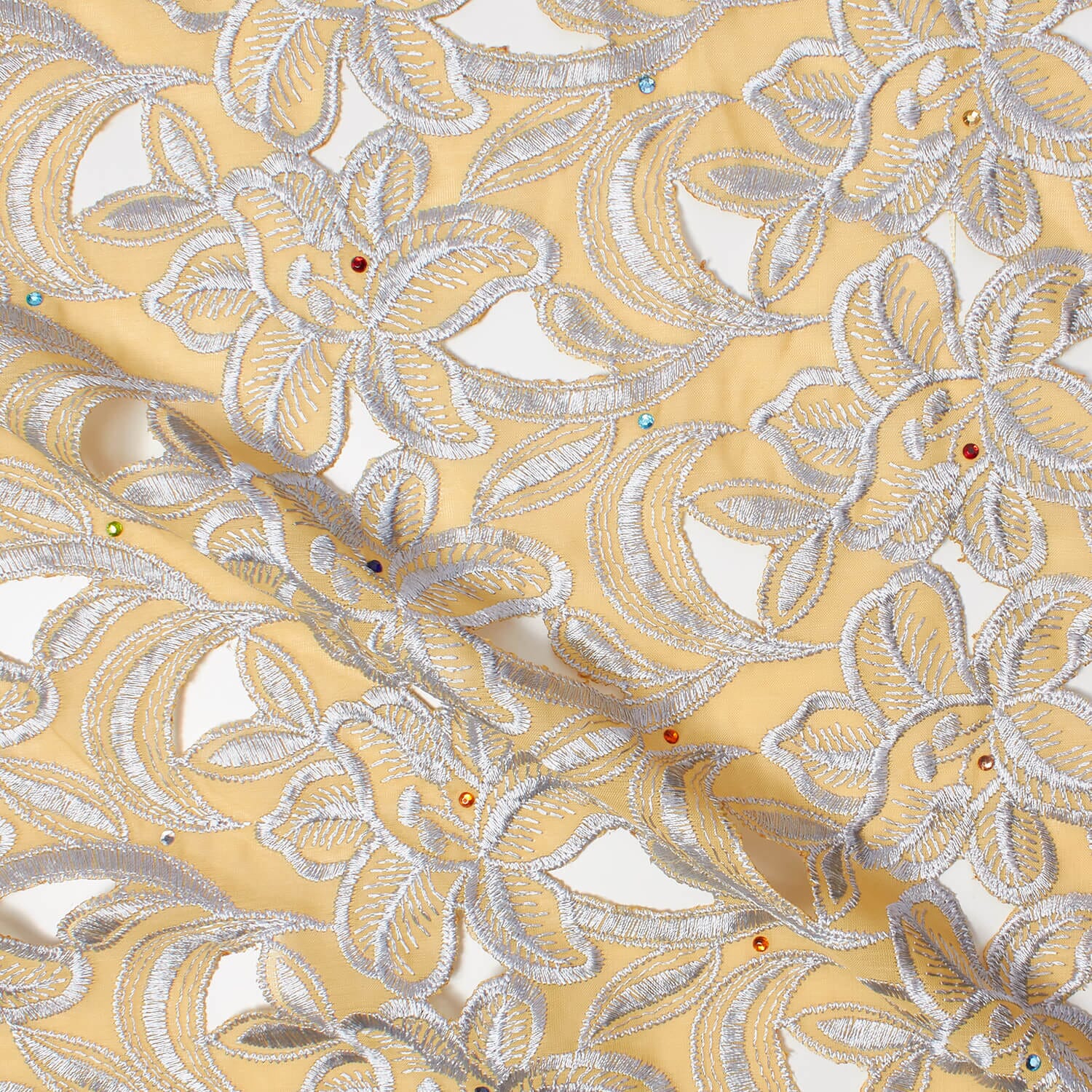 Embroidered Floral Rhinestone Eyelet Voile Fabric