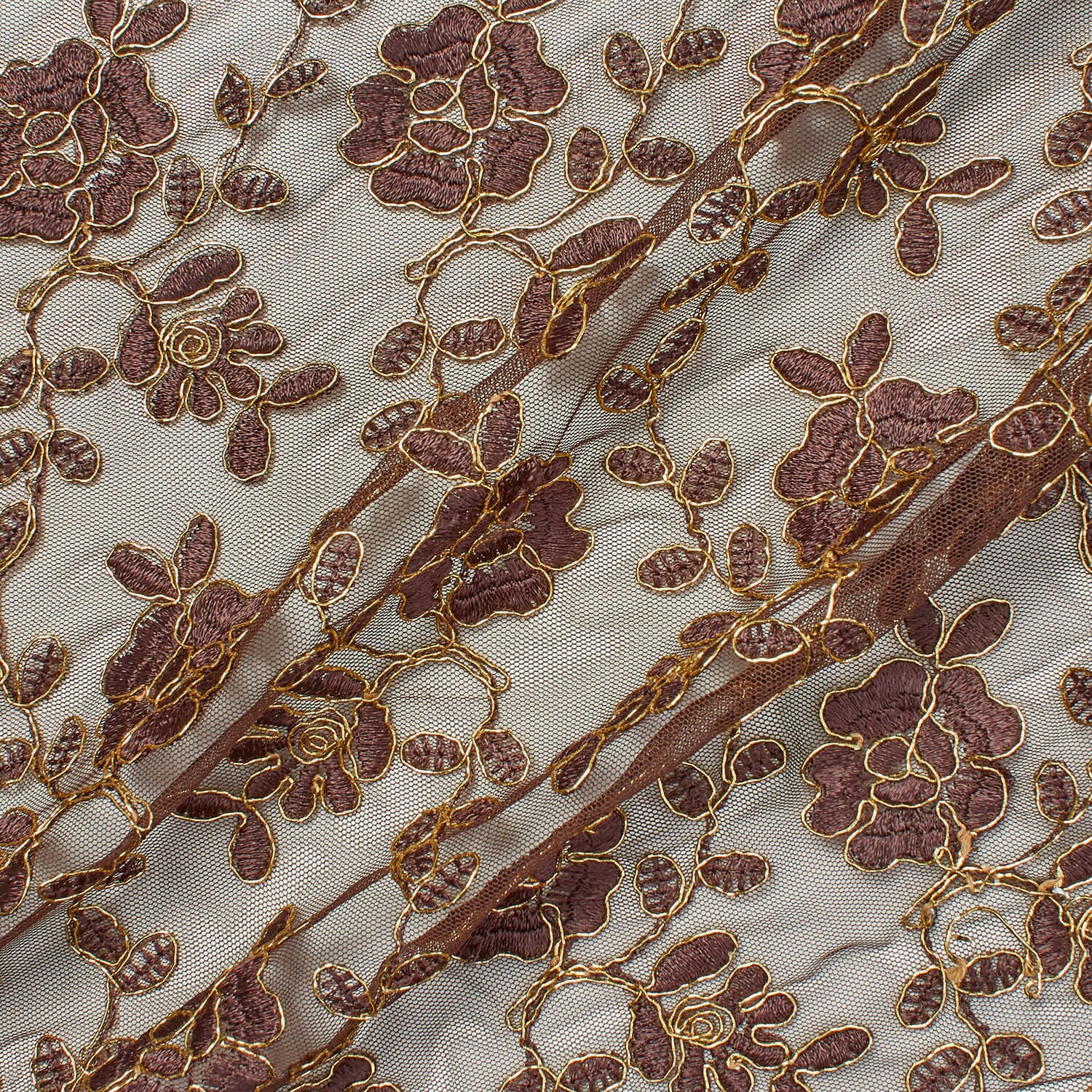 Brown Metallic Corded Tulip Lace Fabric
