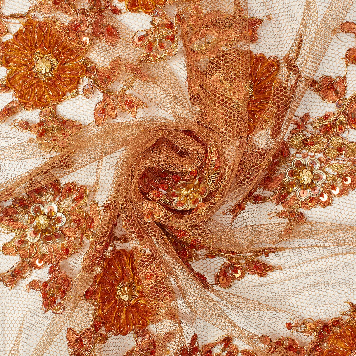 Orange Floral Embroidery On Lace Fabric
