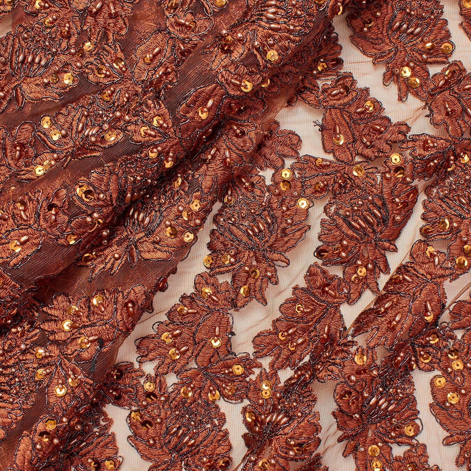 Beaded Sequin Leaf Embroidery On Mesh Fabric