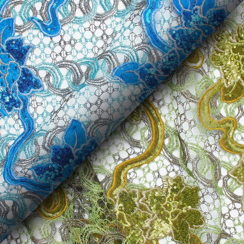 Olive Floral Velvet Chemical Metallic Lace with Sequins & Rhinestones
