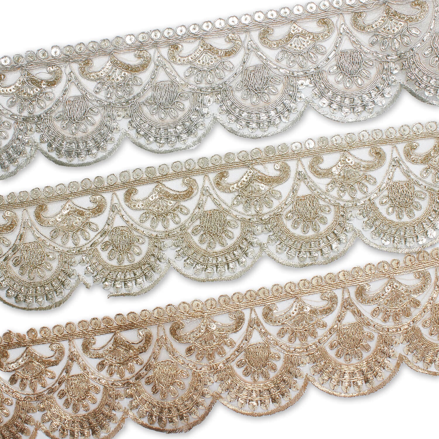 Scalloped Floral Sequin Metallic Corded Mesh Trim