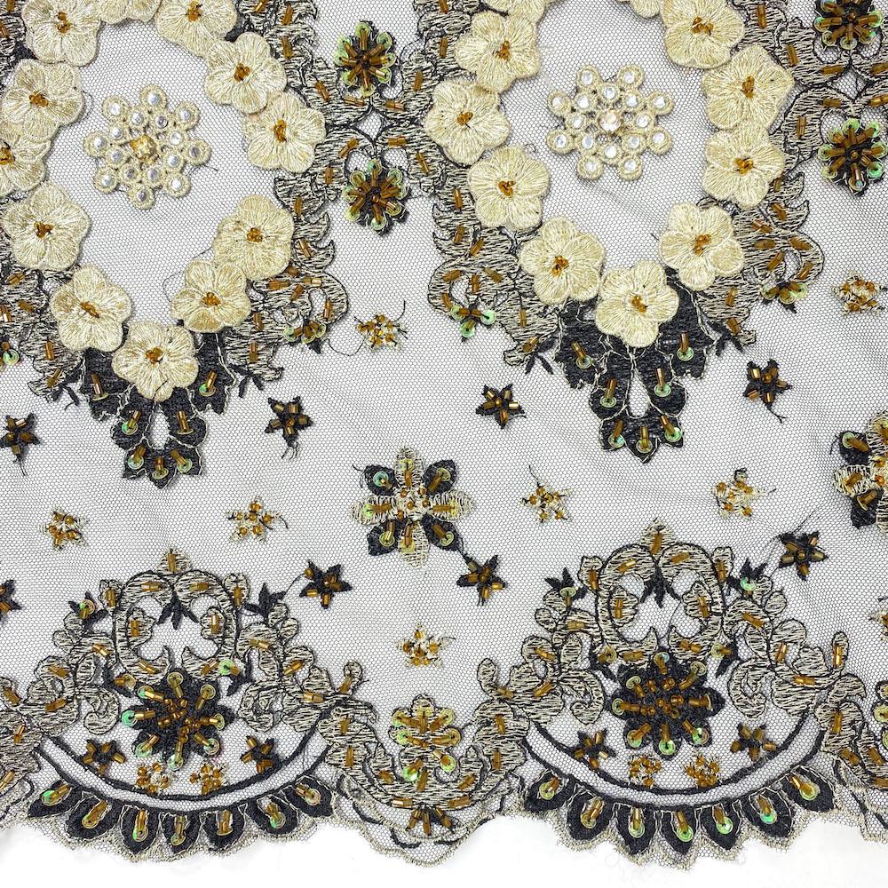 Black Daisy Diamond Patch Metallic Embroidery on Mesh Fabric On Sale!