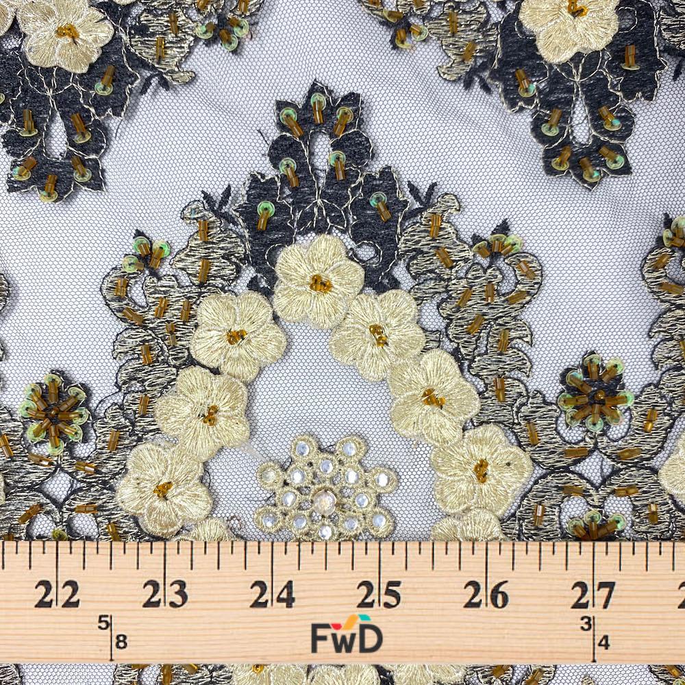 Black Daisy Diamond Patch Metallic Embroidery on Mesh Fabric On Sale!