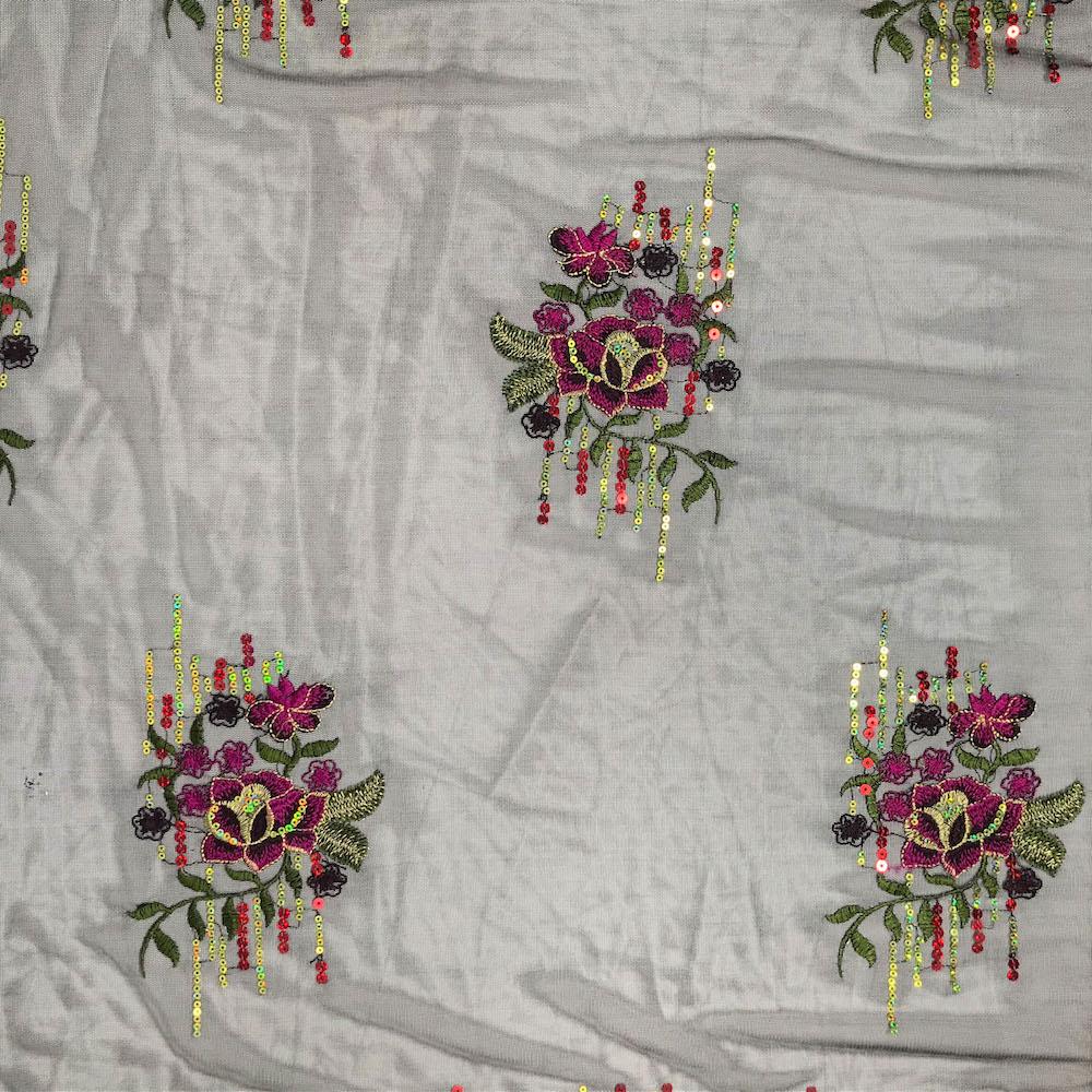 Black Tulip Patch Sequins Embroidery on Mesh Fabric 52"Wide $5.99/Yard