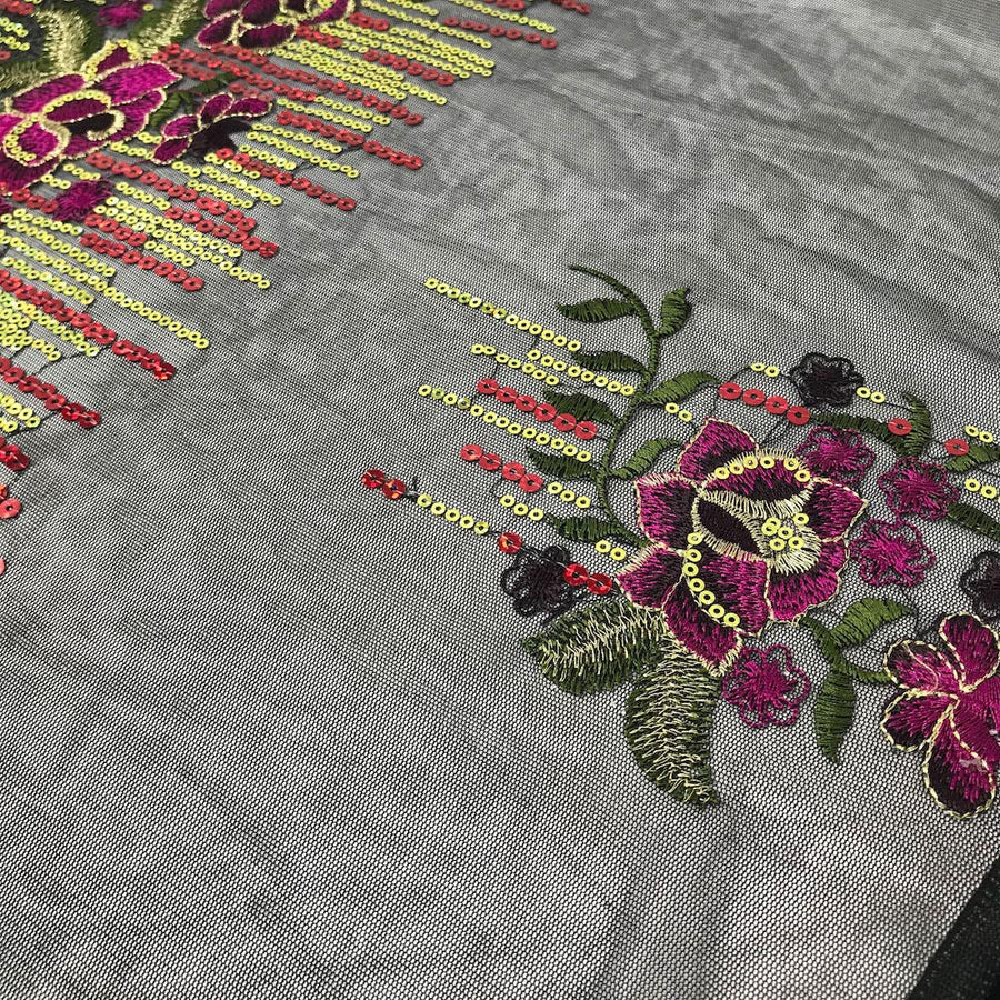Black Tulip Patch Sequins Embroidery on Mesh Fabric 52"Wide $5.99/Yard