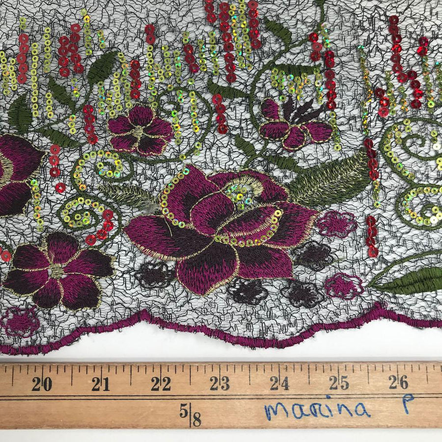 Black Tulip Patch Sequins Embroidery on Mesh Fabric 52"Wide $5.99/Yard