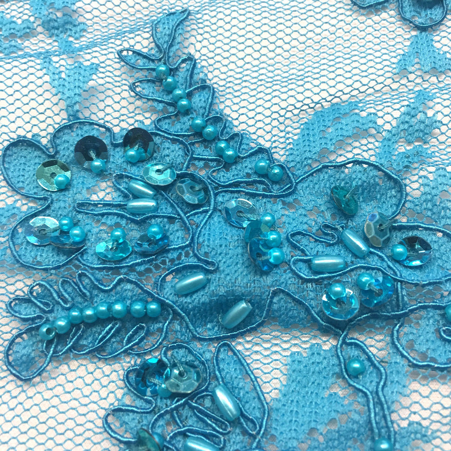 Turquoise Queen Beaded Lace Fabric 52" Wide $19.99/yard