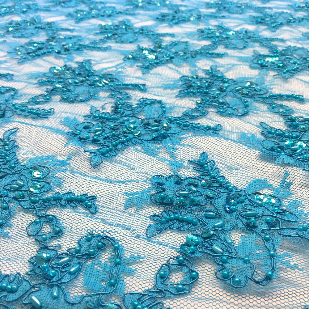Turquoise Queen Beaded Lace Fabric 52" Wide $19.99/yard