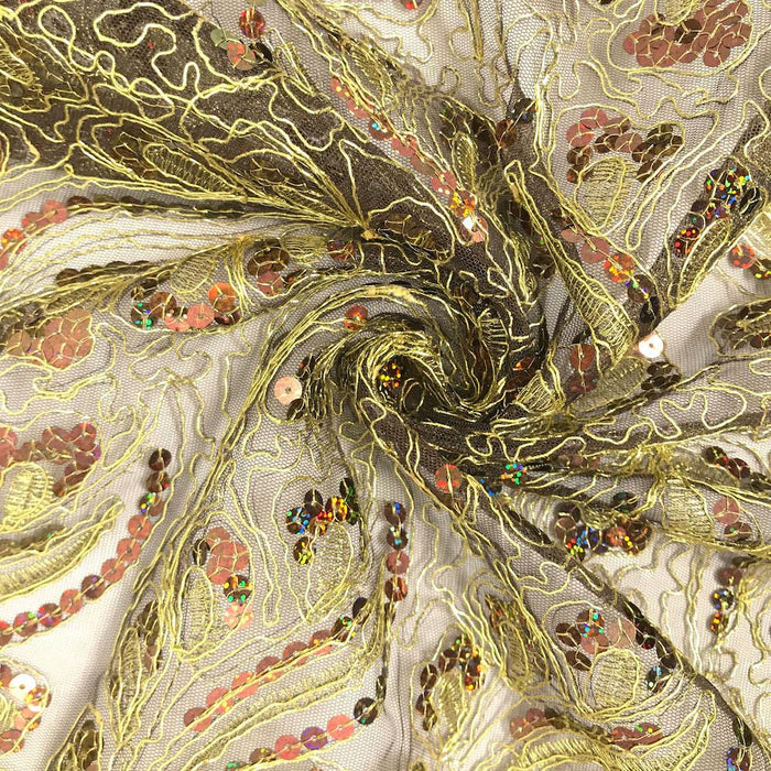 Floral Metallic Corded Embroidery w/ Sequins on Mesh $7.99/Yard On Sale!