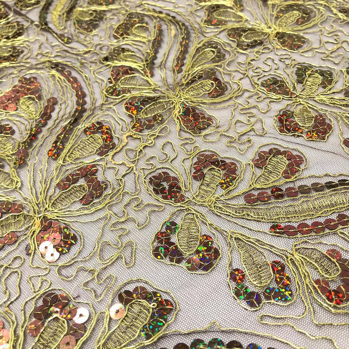 Floral Metallic Corded Embroidery w/ Sequins on Mesh $7.99/Yard On Sale!