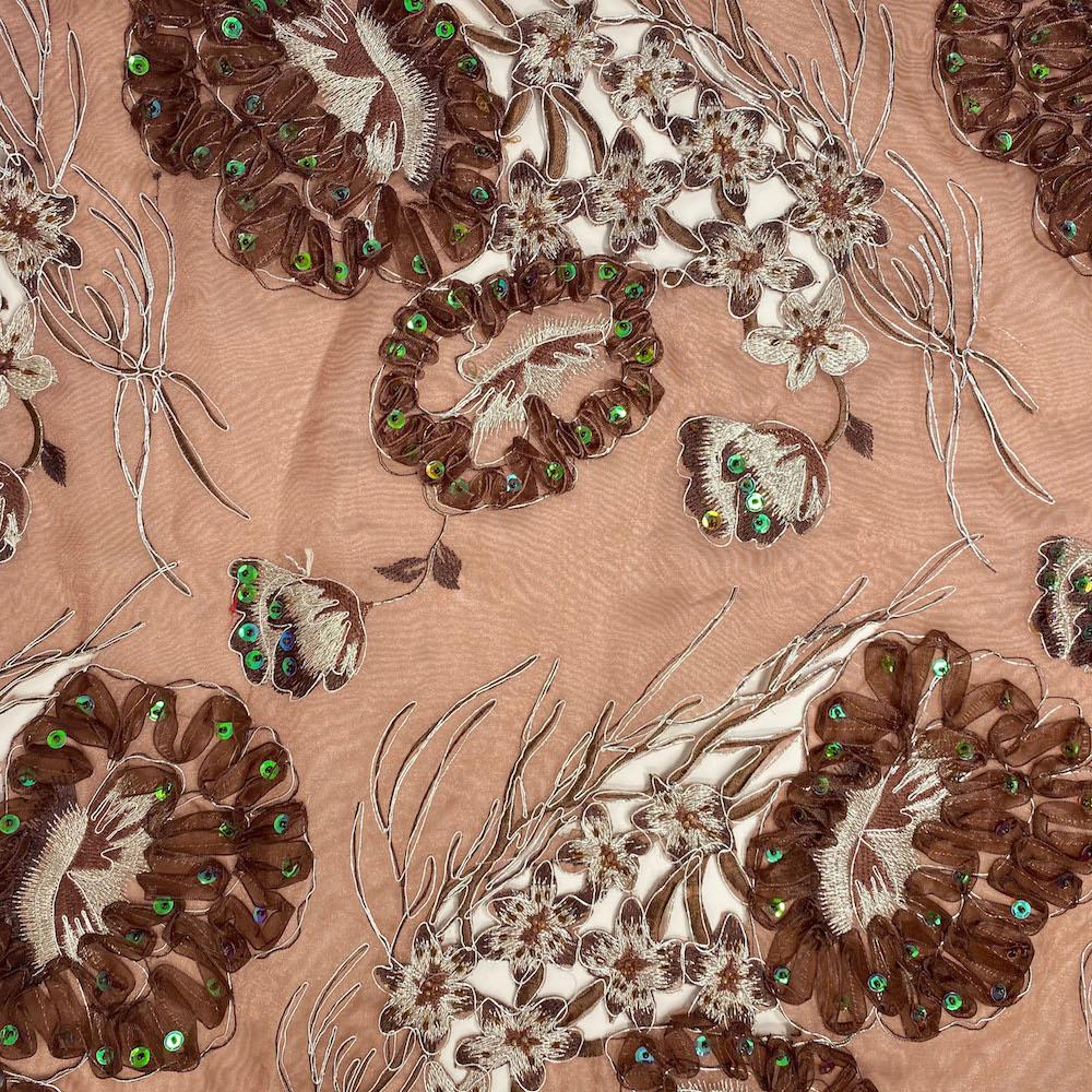 Brown Floral Ribbon Corded Sequins Organza Fabric $14.99/Yard ON SALE