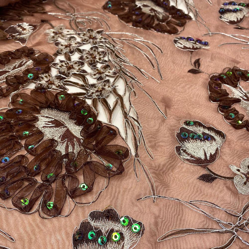 Brown Floral Ribbon Corded Sequins Organza Fabric $14.99/Yard ON SALE