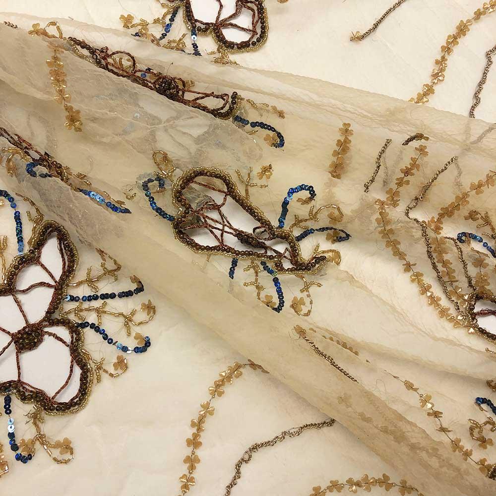 Floral Beaded Embroidery on Crushed Polyester Fabric $9.99/Yard 54"