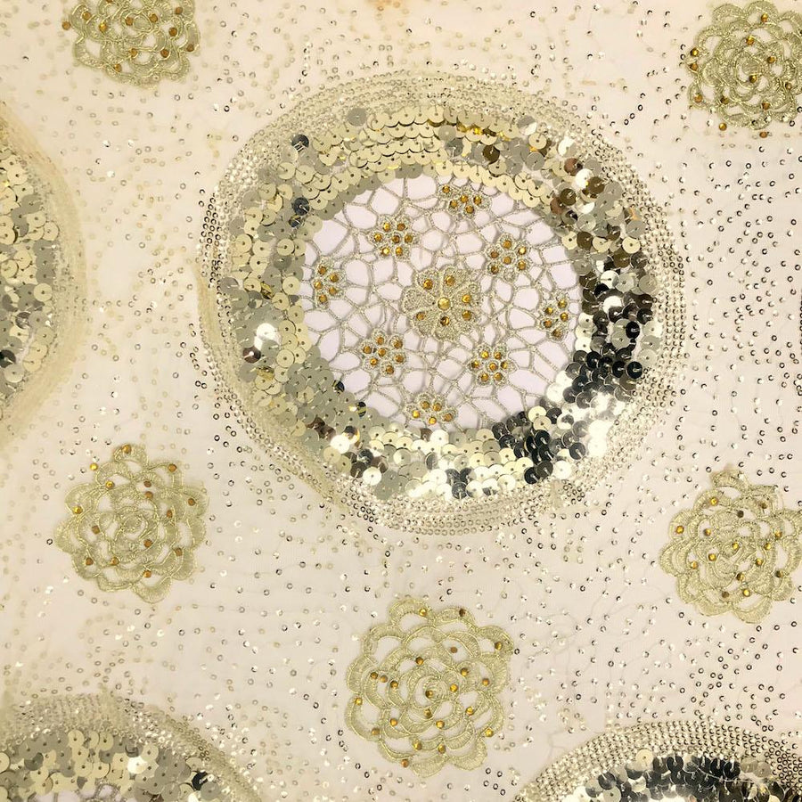 Circle Chemical Embroidery Patchwork w/ Sequins on Embroidered Mesh