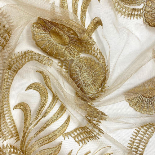 Gold Sunflower Reed Embroidery on Mesh Fabric 52" Wide $8.99/Yard