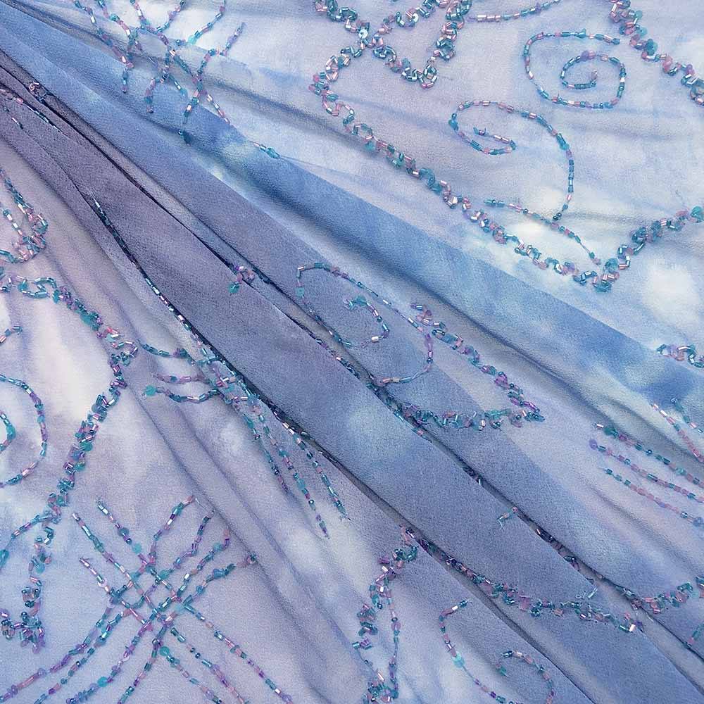 Light Blue Abstract Beaded Embroidery on Georgette Fabric $9.99/yard