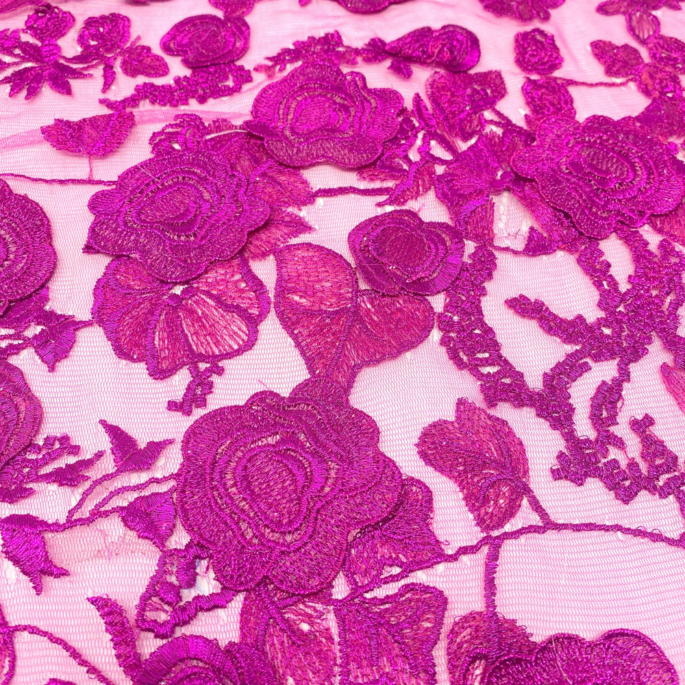 Metallic Fuchsia Floral Embroidered on Tulle Fabric 52" Wide On Sale