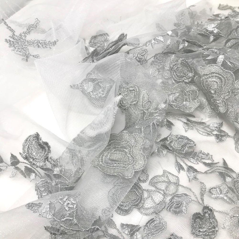 Metallic Pewter Floral Embroidered on Tulle Fabric 52" Wide On Sale