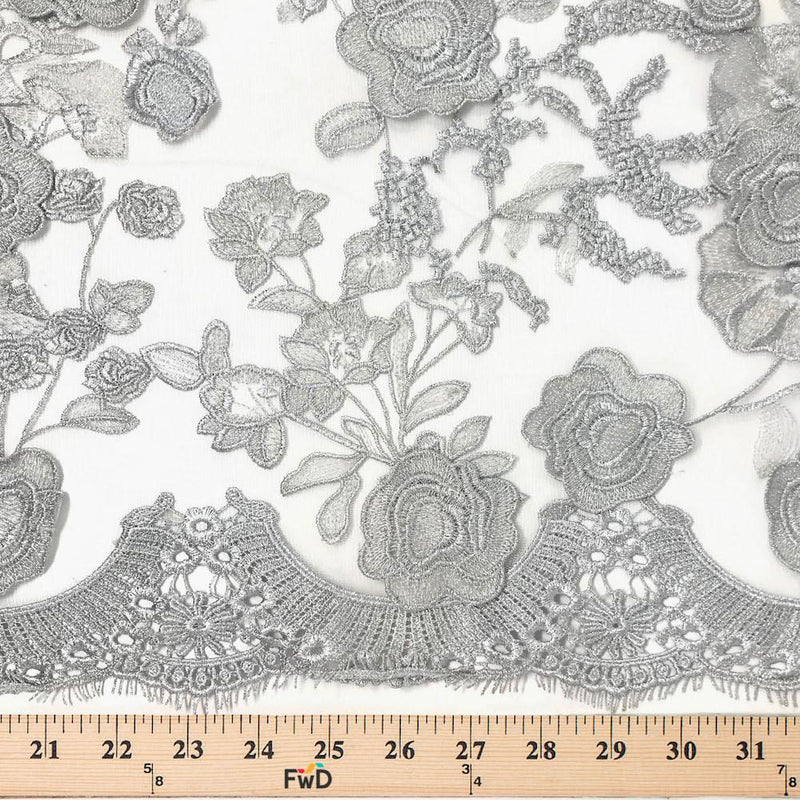 Metallic Pewter Floral Embroidered on Tulle Fabric 52" Wide On Sale