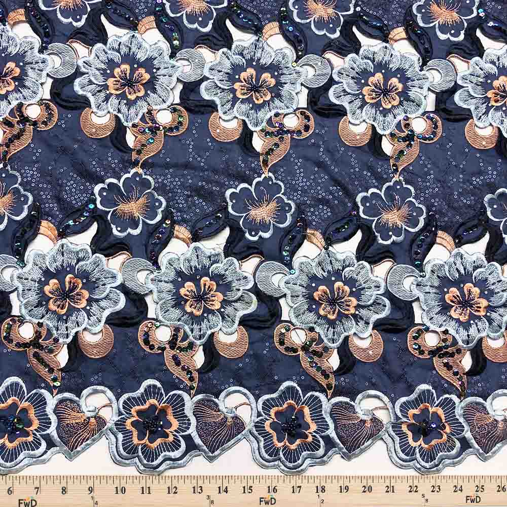 Midnight Blue Floral Embroidery Lace on Organza $11.99/Yard 52/53" Width
