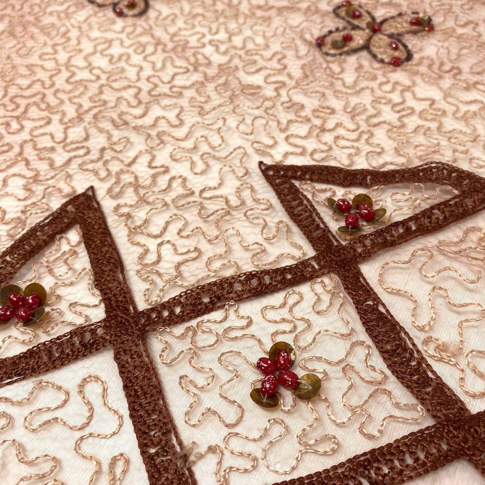 Mocha Abstract Embroidery Symbol on Crushed Organza Fabric 52" Wide