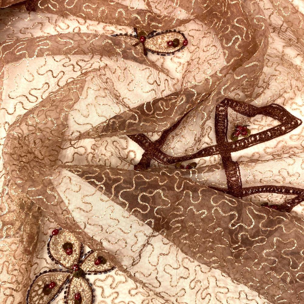 Mocha Abstract Embroidery Symbol on Crushed Organza Fabric 52" Wide