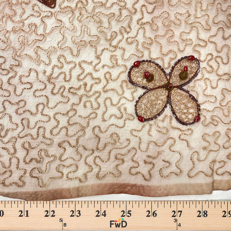 Mocha Abstract Embroidery Symbol on Crushed Organza Fabric 52" Wide