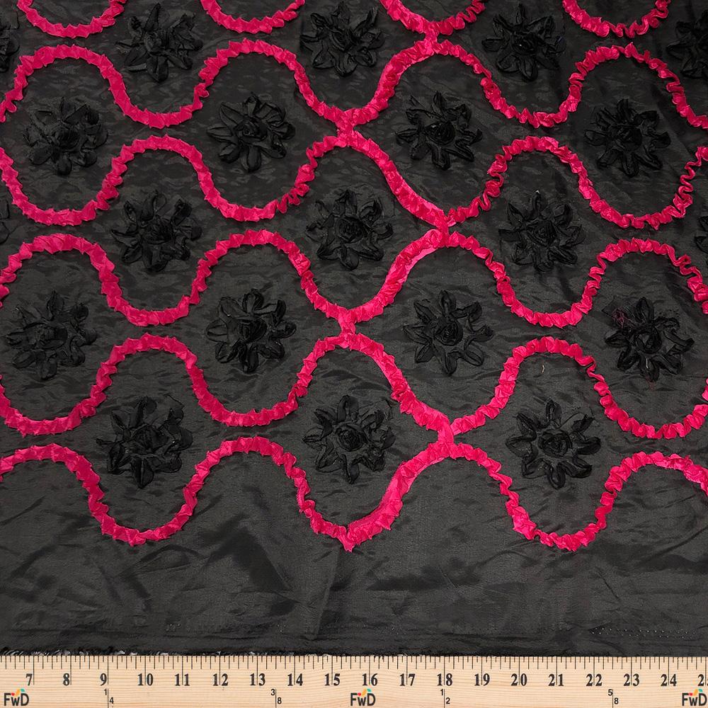 Fuchsia Ogee Black Rosette Fabric 50/52" Wide Sold BTY