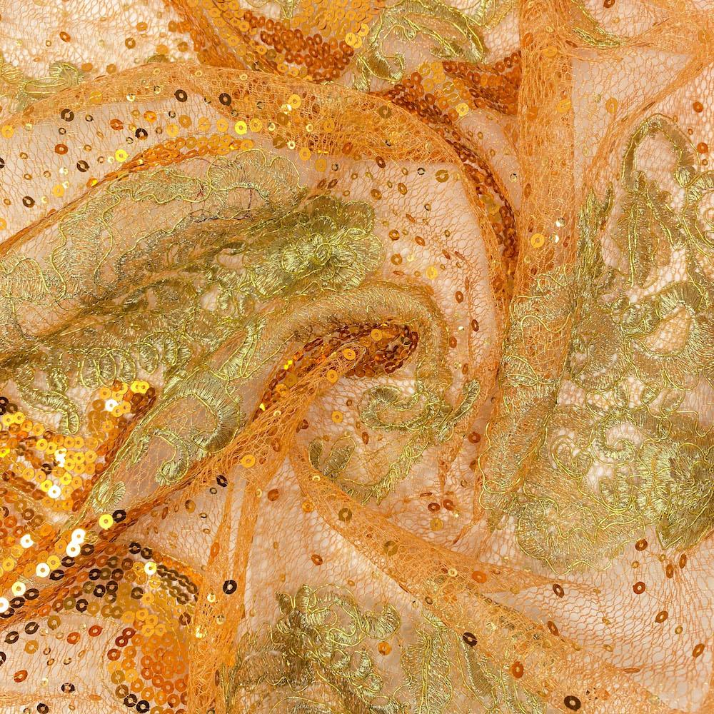 Orange Metallic Corded Sequin Reed Embroidery Fabric $14.99/Yard On Sale!