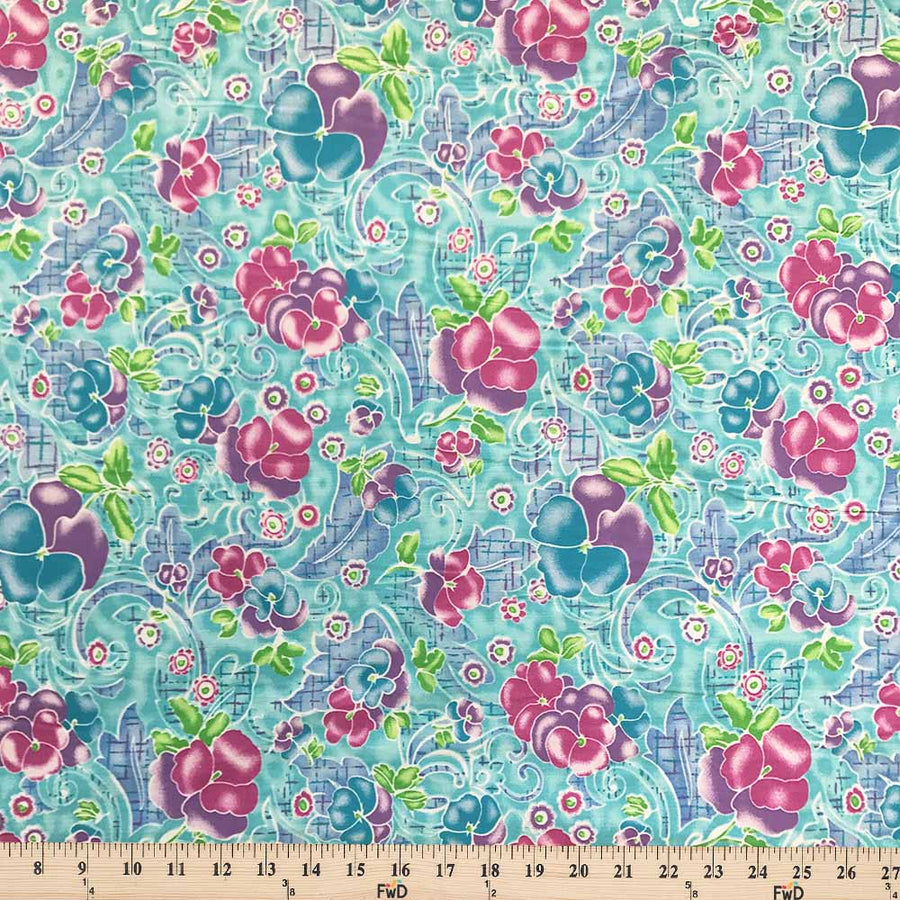 Pansy Swirl Turquoise Print Fabric Cotton/Poly Broadcloth $4.99/yard
