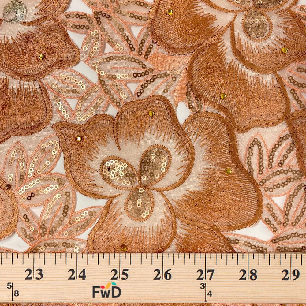 Peach Lotus Flower Lace Organza Fabric 52" Wide 100% Polyester Sold BTY