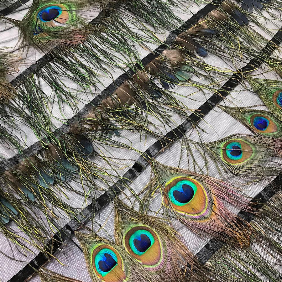 Real Peacock Feather Trim Layers on Poly Mesh Fabric 60" Wide Sold BTY